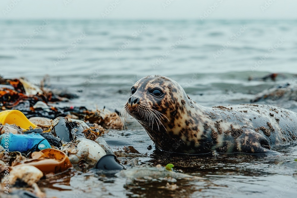 seal pup surrounded by plastic pollution on a polluted beach ...