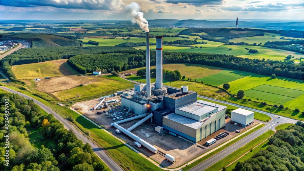 Aerial view of a modern landfill power plant where waste is converted into energy, showcasing a ...