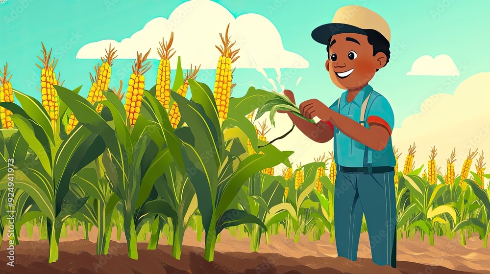 Animated character of a mixed race farmer tending to vibrant corn ...