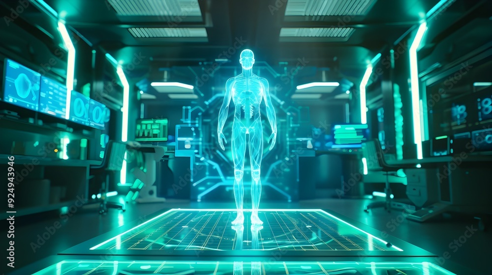 Mesmerizing hologram of a human subject azure and jade illumination ...