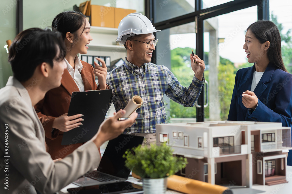 Team architects workers, men and women, join hands to join forces to ...