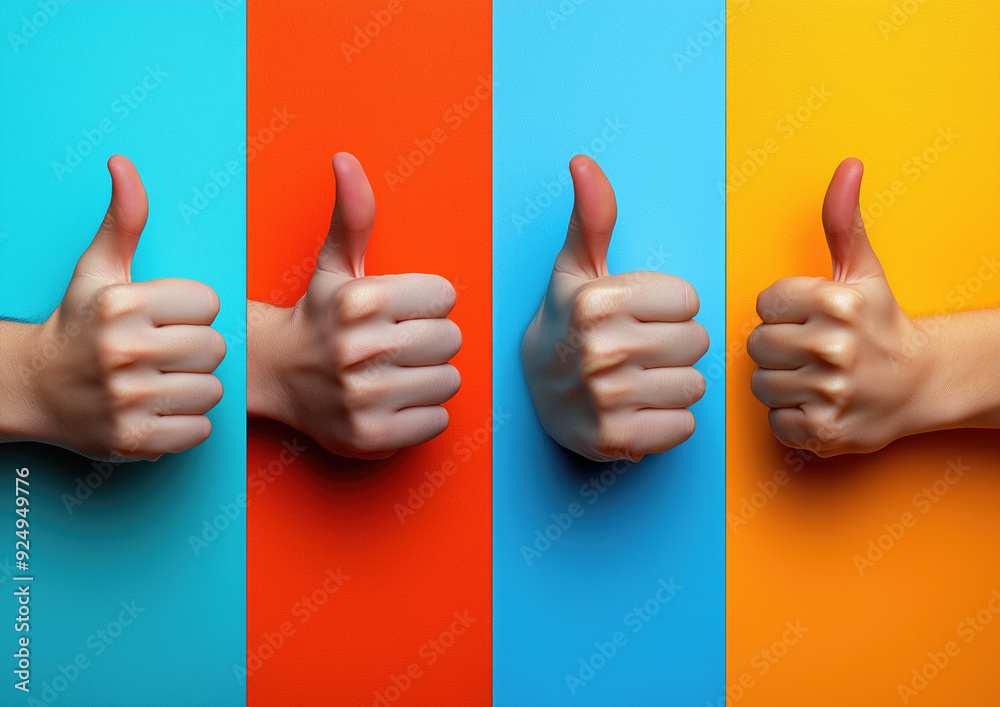 Four hands are visible, with thumbs up, in favor. Each hand is ...