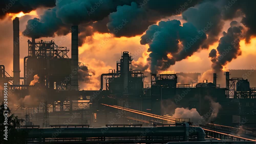 Smoke billows from industrial chimneys at sunset, depicting pollution ...