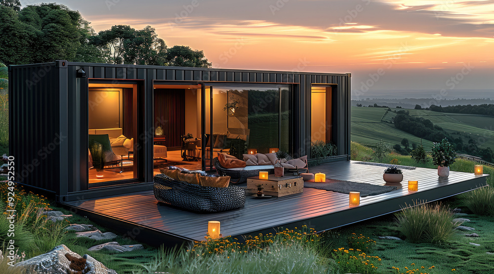Black shipping container home, modern style with large windows and open ...