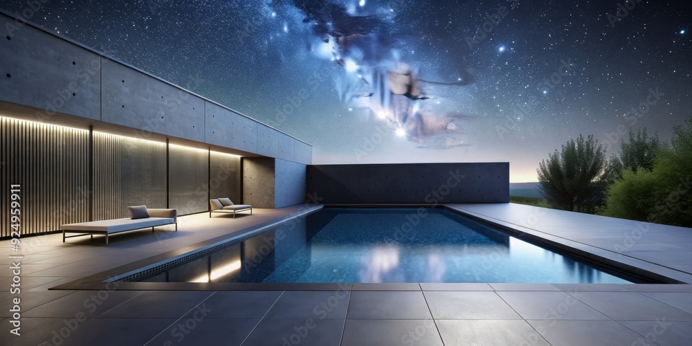 Dramatic high-contrast capture of a sleek, black-tiled pool, surrounded ...