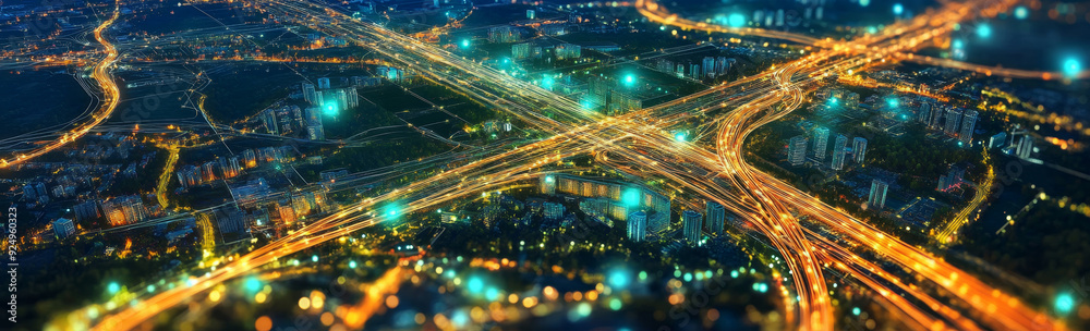 Cityscape at Night with Interconnected Roads and Traffic Lights - A ...