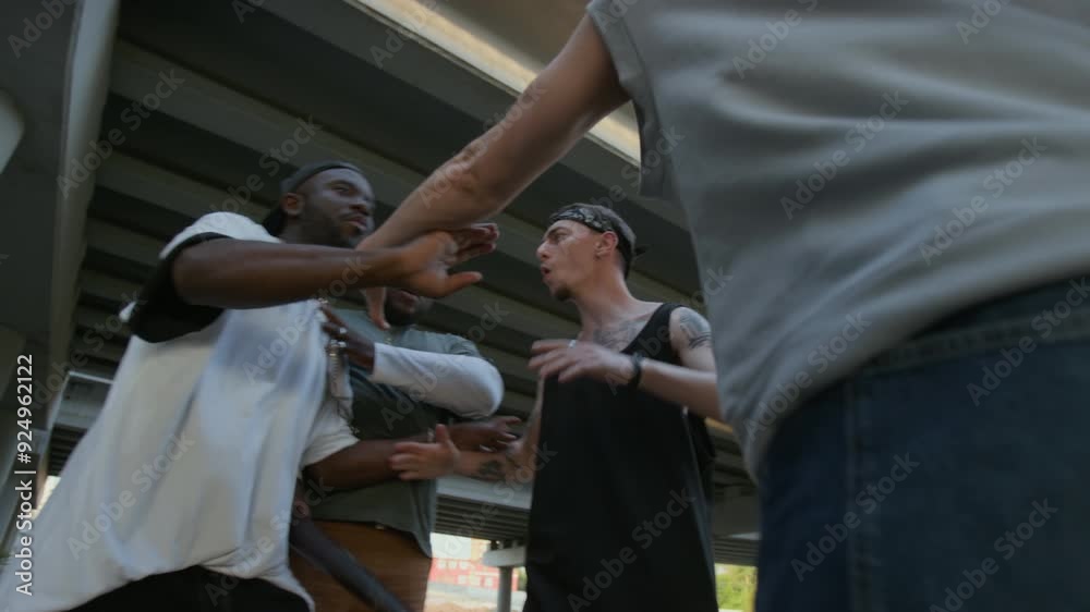 Aggressive criminals fighting with gun and baseball bat while having ...