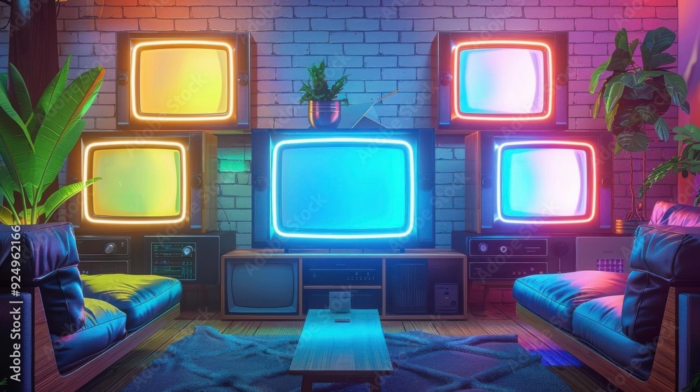 Retro TV sets and neon lights in a cozy living room, front view, evokes ...