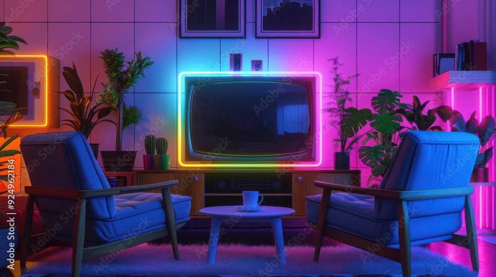 ภาพประกอบสต็อก Retro TV sets and neon lights in a cozy living room ...