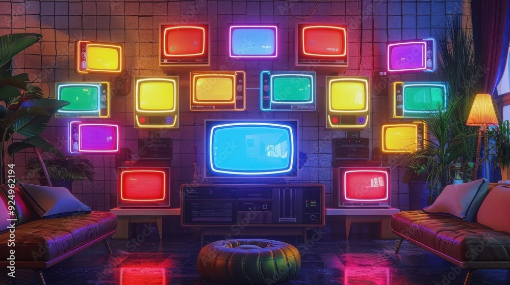 Retro TV sets and neon lights in a cozy living room, front view, evokes ...