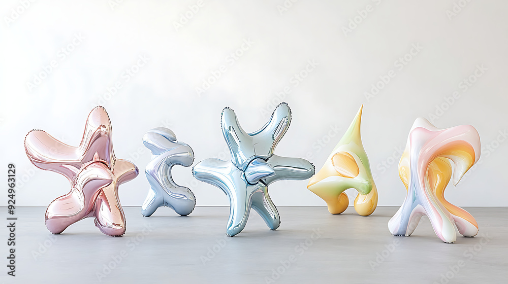 2. A collection of inflated star shapes with a smooth, shiny surface ...
