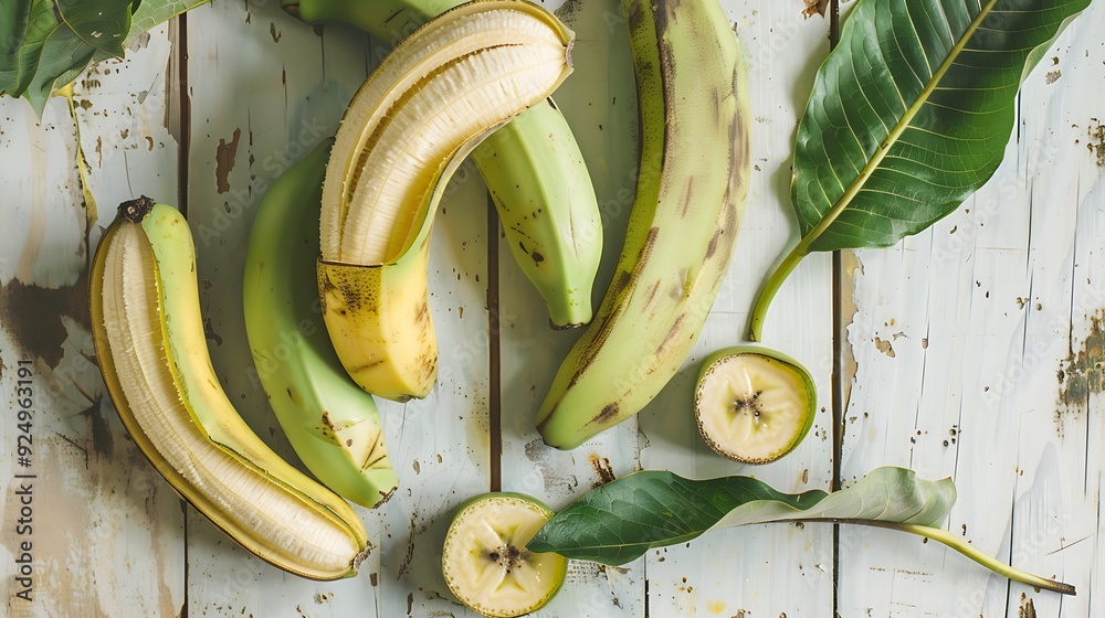 Fresh plantains, including peeled ones revealing the starchy white ...
