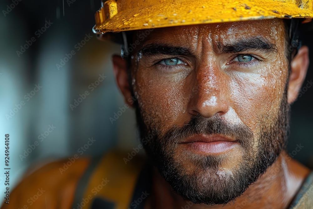 determined builder muscles taut hard hat gleaming sweat glistens on ...