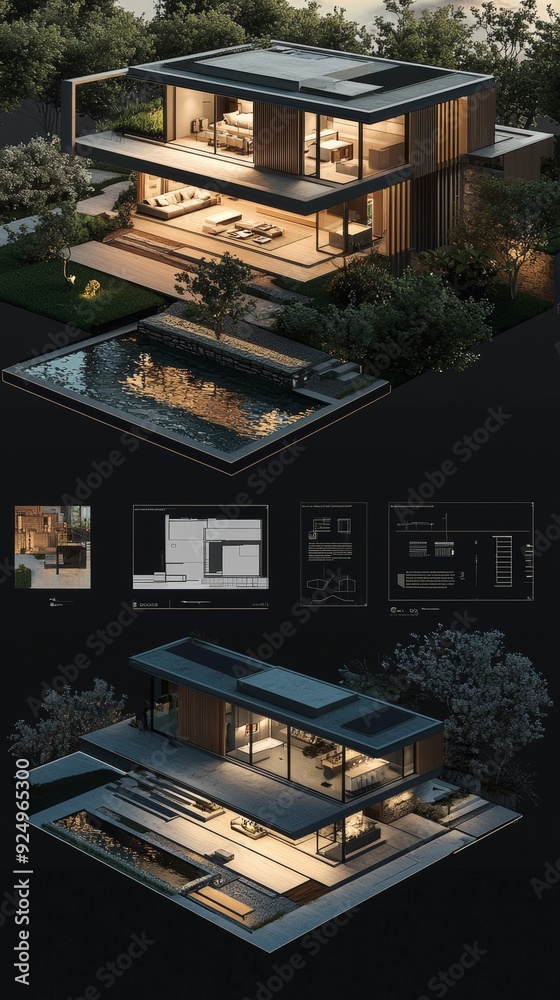Ultra Professional architectural presentation board dark mode of a ...
