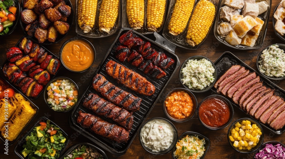 Aerial perspective of a BBQ buffet table, featuring an array of grilled ...