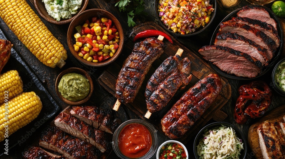 Aerial perspective of a BBQ buffet table, featuring an array of grilled ...