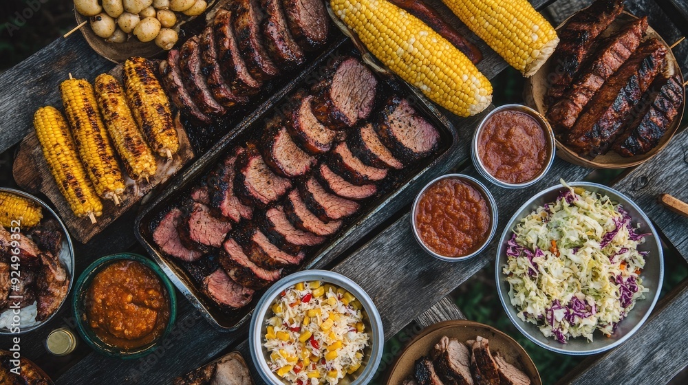 Aerial perspective of a BBQ buffet table, featuring an array of grilled ...