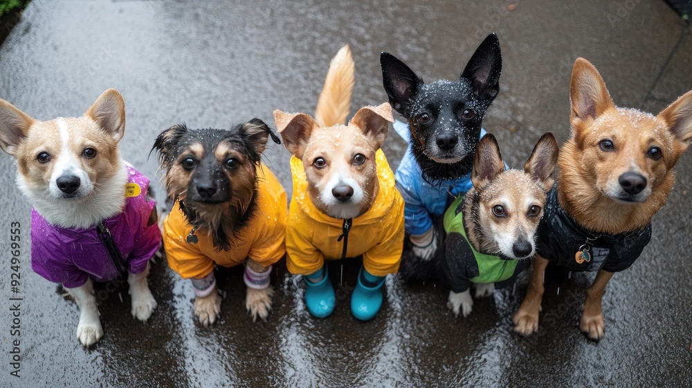 Aerial perspective of a group of dogs in cute raincoats and boots ...