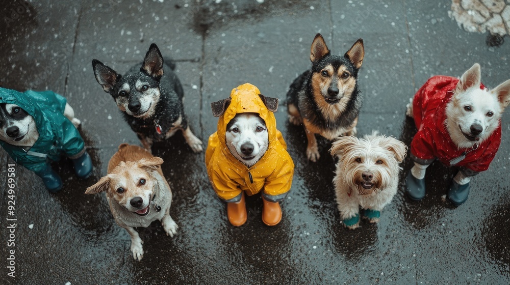 Aerial perspective of a group of dogs in cute raincoats and boots ...