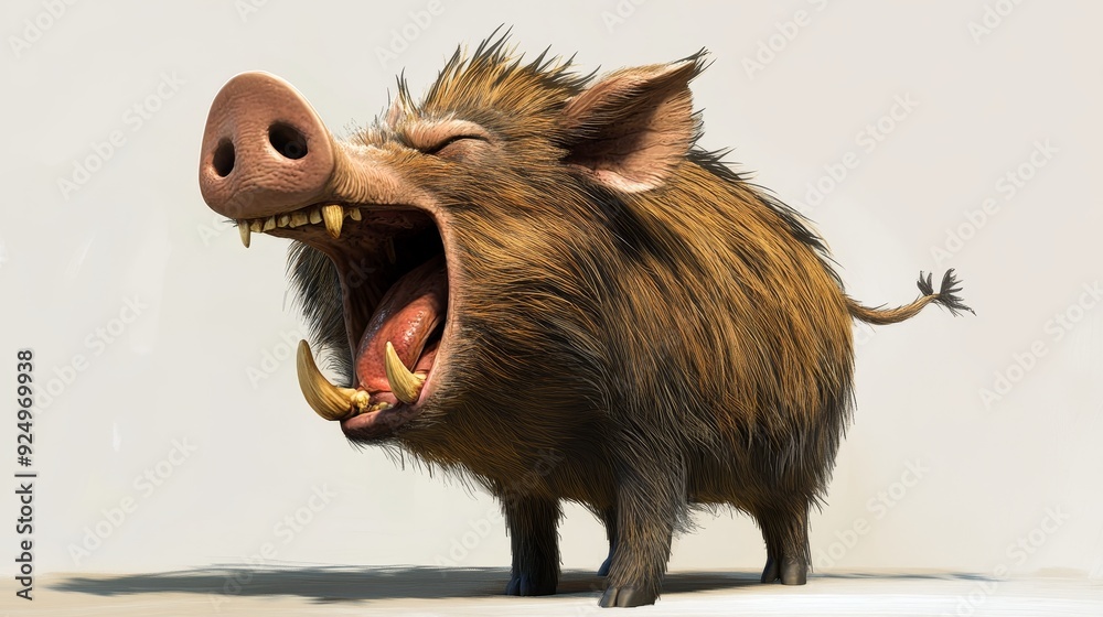 Funny Wild Boar with Open Mouth and Tusks - A cartoon-like wild boar with a funny expression ...