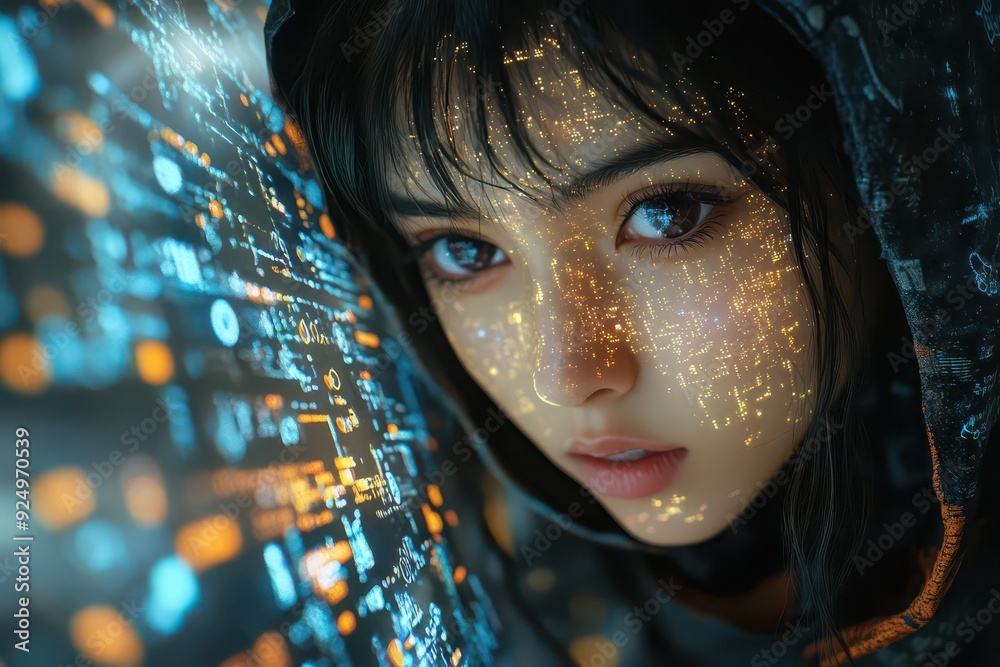 anime schoolgirl hacker in digital dojo manipulating holographic code ...