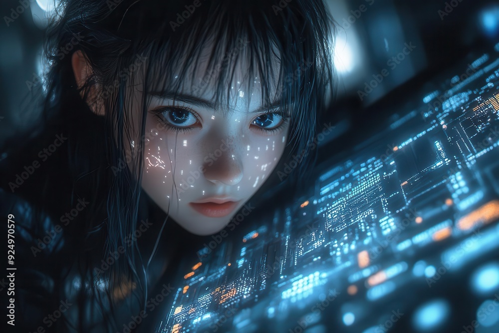 anime schoolgirl hacker in digital dojo manipulating holographic code ...