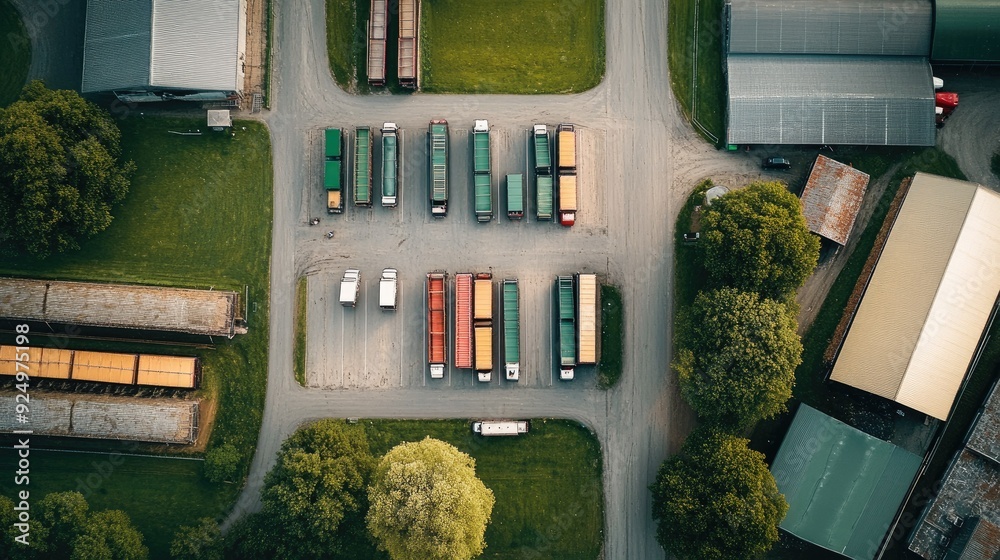 Bird's-eye view of a cow farm's transportation area, featuring cattle ...
