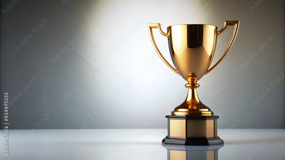 Golden trophy standing on a sleek, modern white background with subtle ...