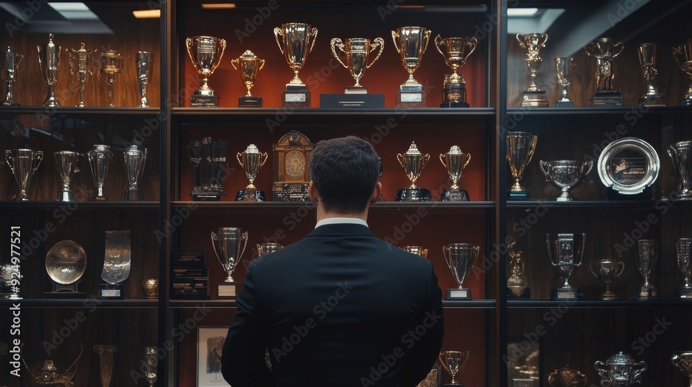 Man Admiring Trophy Case, Success and Accomplishment - A man in a suit ...