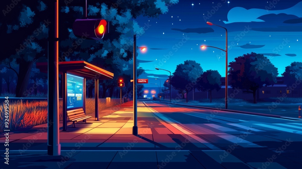 Nighttime Cityscape with Empty Bus Stop and Street Lights - A deserted ...