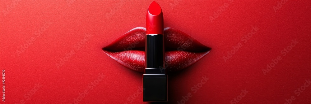 Red Lipstick and Lips on Red Background - A single red lipstick, with ...