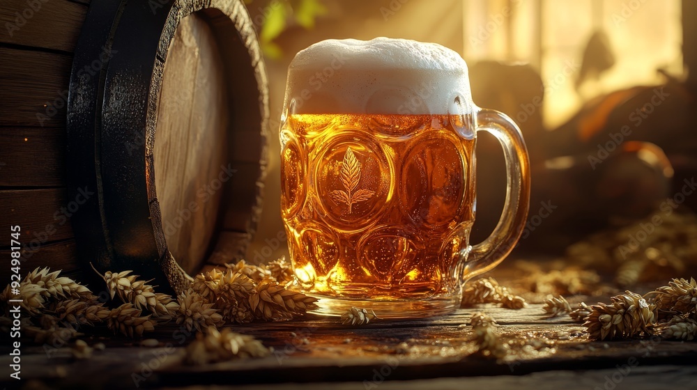 Refreshing Beer in a Glass Mug with a Barrel in the Background - A ...