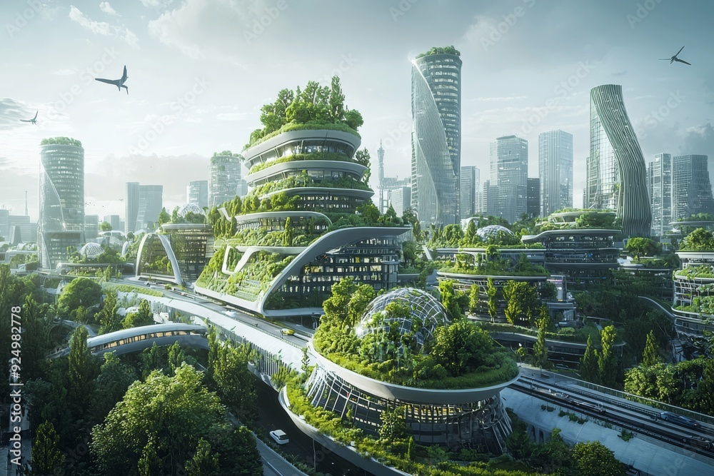 A futuristic smart city powered entirely by renewable energy sources, with green rooftops ...
