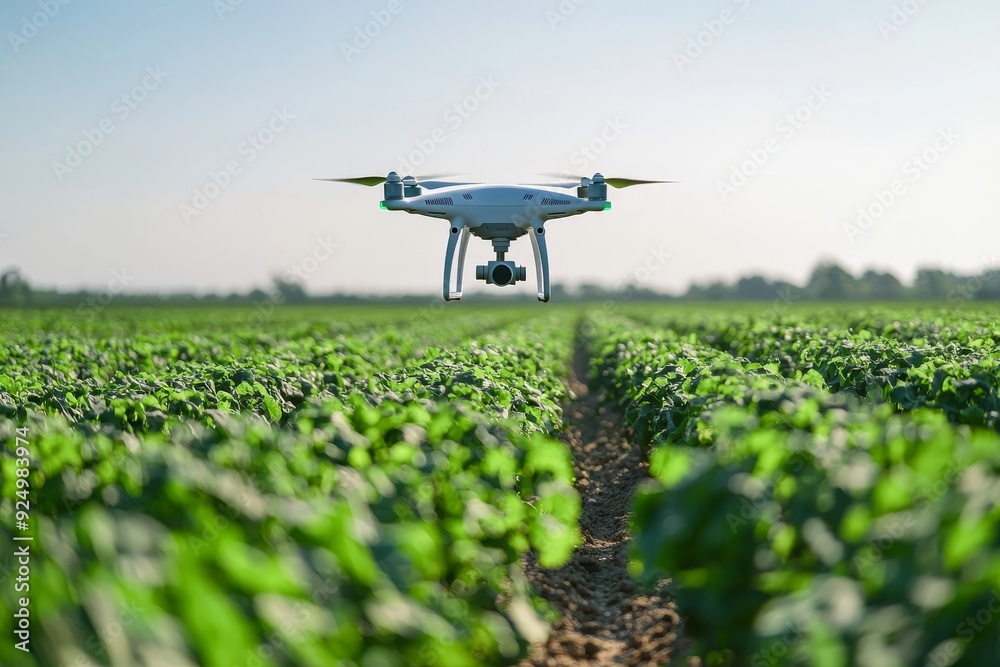 A large agricultural field where drones equipped with AI and sensors monitor crop health ...