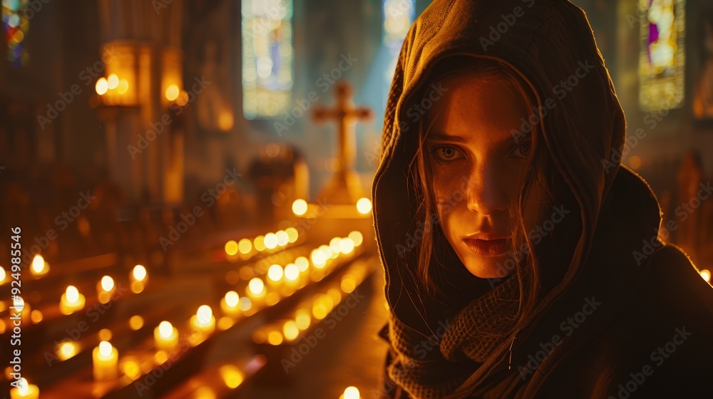 Among the burning candles in the dark temple, a sweet young girl with ...