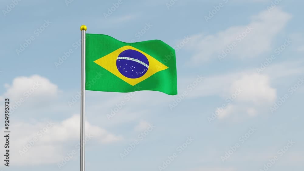3D animation of Brazilian flag gracefully waving against a clear sky ...