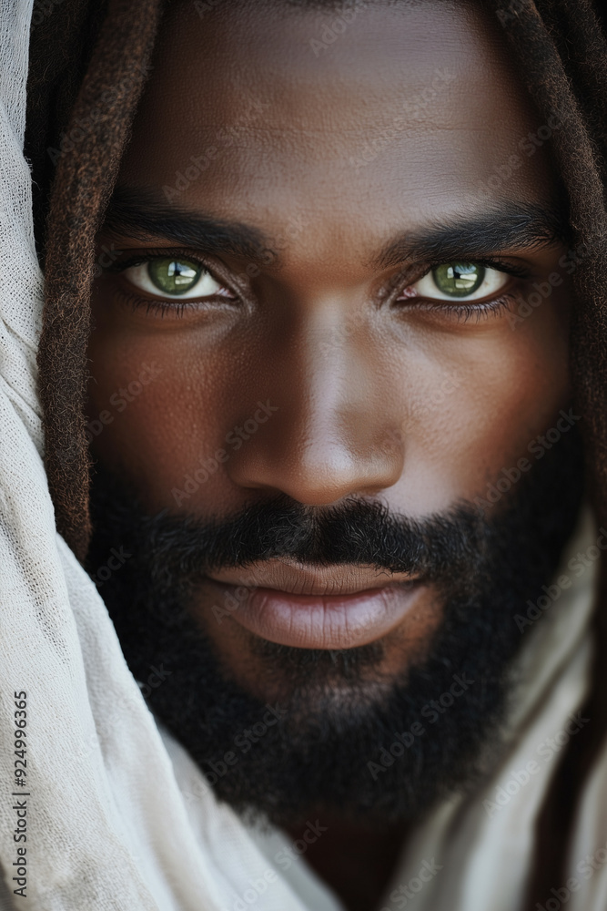 Handsome African American Jesus Christ with Dark Skin, Green Eyes, and ...