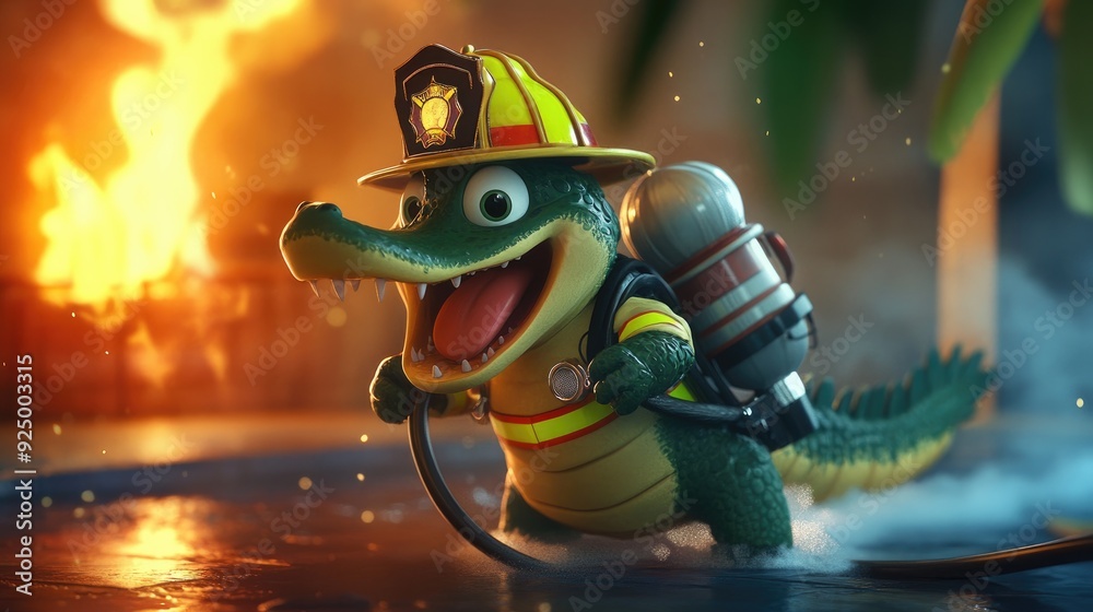 A cartoon alligator with a firefighter's helmet and hose, helping to ...