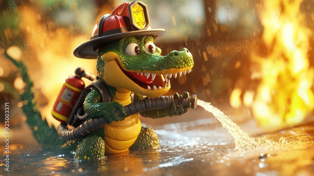 A cartoon alligator with a firefighter's helmet and hose, helping to ...