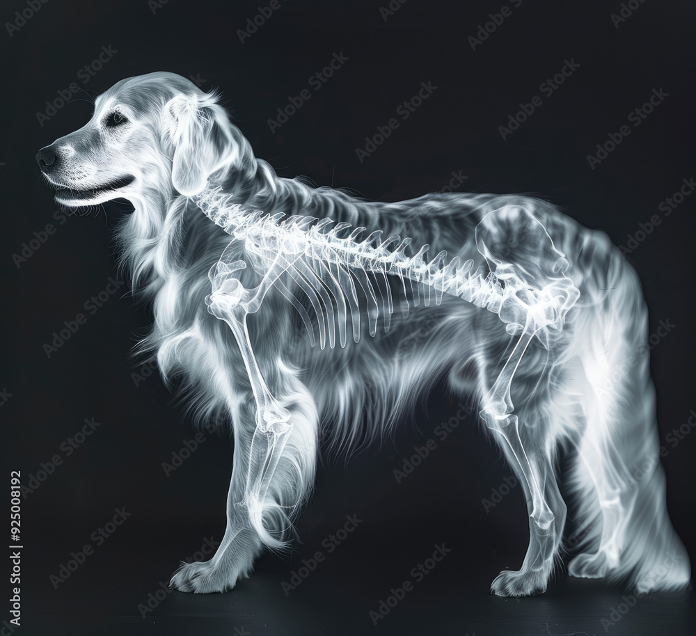 The Golden Retriever's entire body is depicted in an X-ray style ...