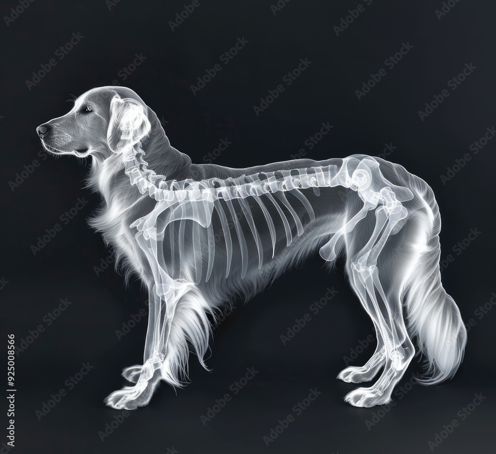 The Golden Retriever's entire body is depicted in an X-ray style ...