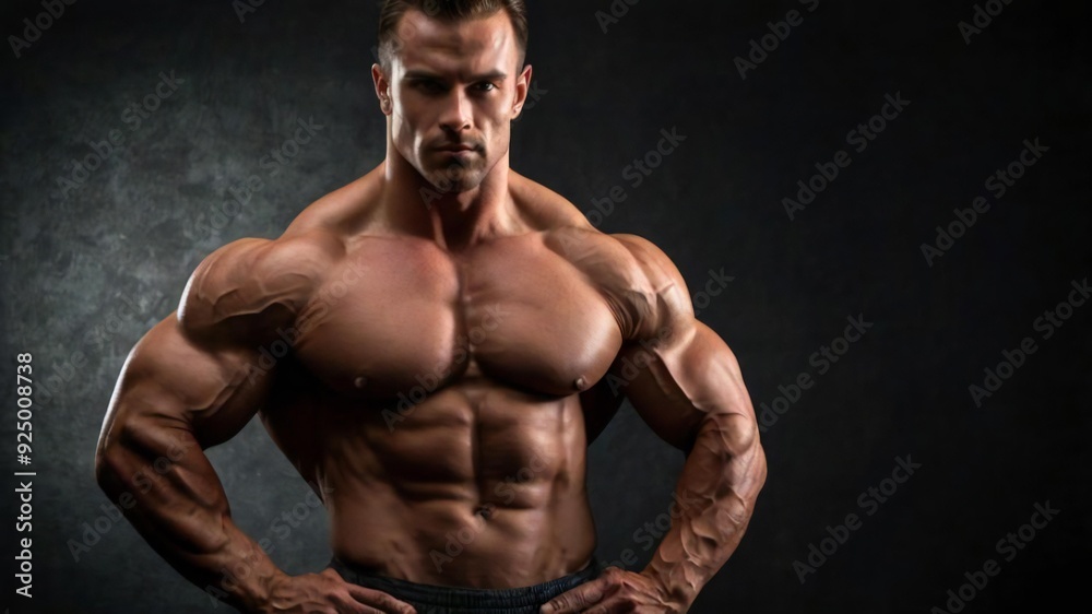 Bodybuilder posing on black background. Beautiful sporty guy male power ...