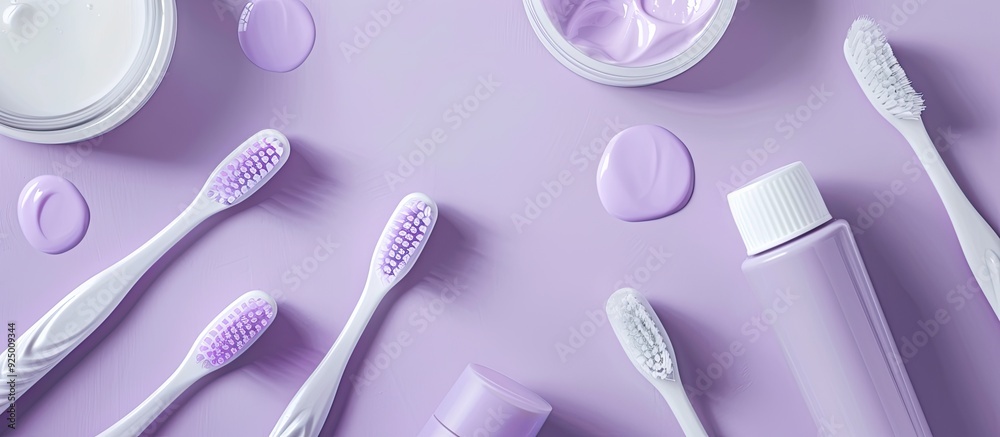 Lilac background featuring toothbrushes with toothpaste and teeth color ...