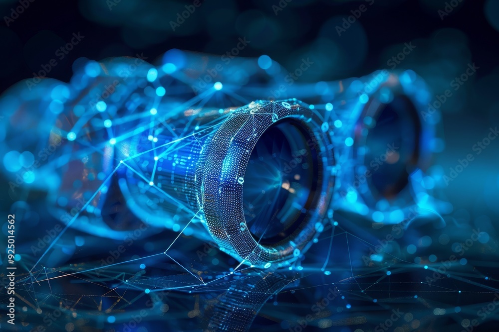Futuristic digital wireframe of binoculars with blue lights and network ...