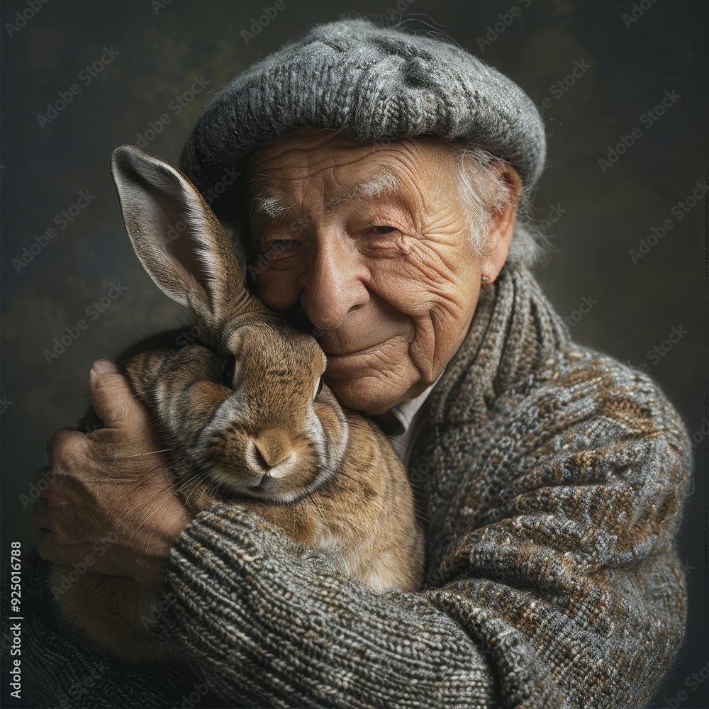 Elderly man in grey wool hat and sweater hugging a rabbit, showcasing ...