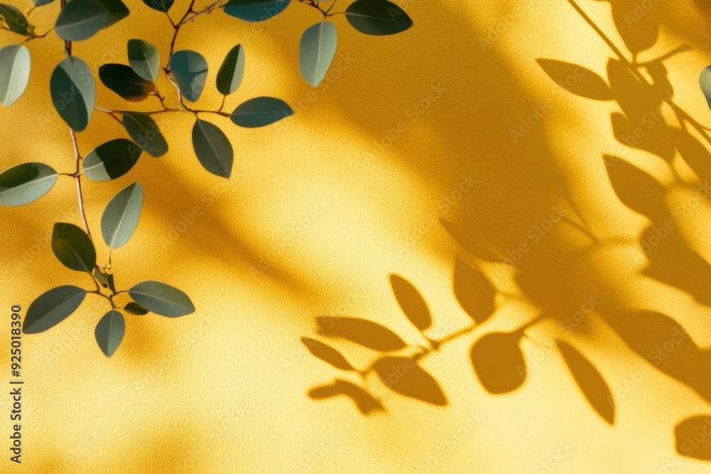 Shadow cast by green leaves on a yellow wall, creating a natural and ...