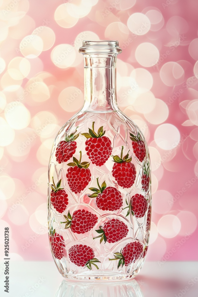 Vibrant Raspberry Bottle with Textured Red Designs and Tiny Green Stems ...