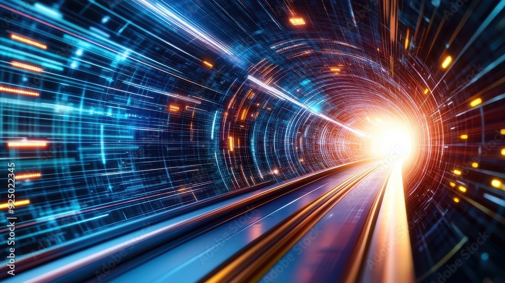 Futuristic tunnel, abstract background, network transformation, algorithmic reality, systems ...