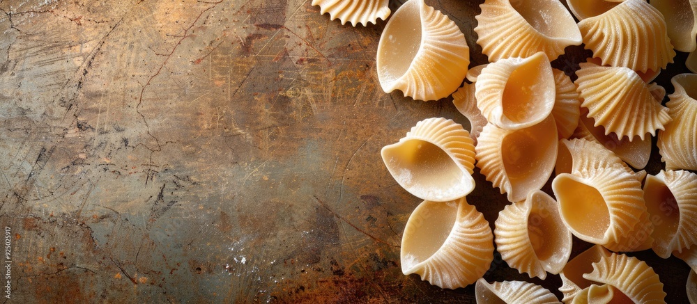 Top view of a large raw conchiglie pasta shell made from healthy durum ...