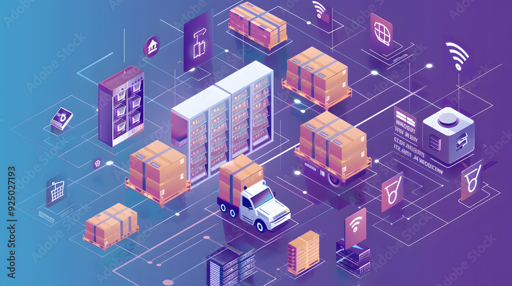 Isometric illustration of a smart warehouse management system featuring ...